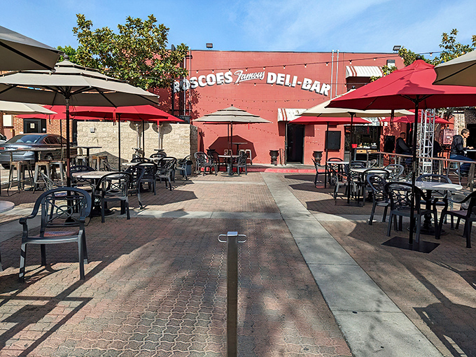 The red brick exterior of Roscoe's isn't just a building&mdash;it's a beacon for sandwich lovers. Those patio umbrellas promise shade, but the real protection you'll need is for your shirt.