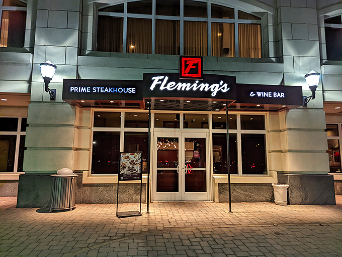 The entrance to beef paradise! Fleming's elegant stone facade in McLean promises a carnivorous adventure worth every mile of Northern Virginia traffic.
