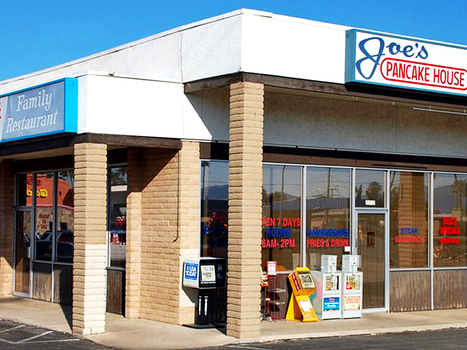 The bright blue and red sign of Joe's Pancake House stands as a beacon of breakfast hope against the clear Arizona sky.
