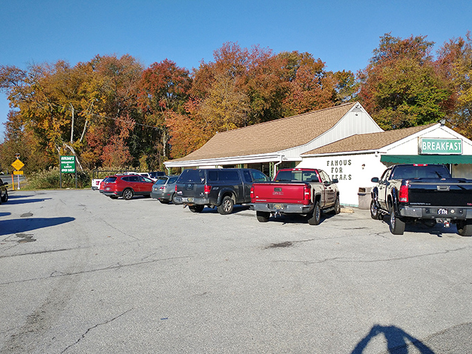 The unassuming exterior of Guilday's stands like a breakfast beacon in Newark, promising pancake perfection behind its humble white walls.
