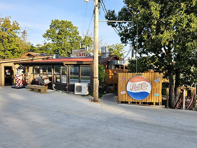 Billy Gail's rustic exterior feels like stepping into a postcard from simpler times, complete with colorful benches and vintage Americana charm.