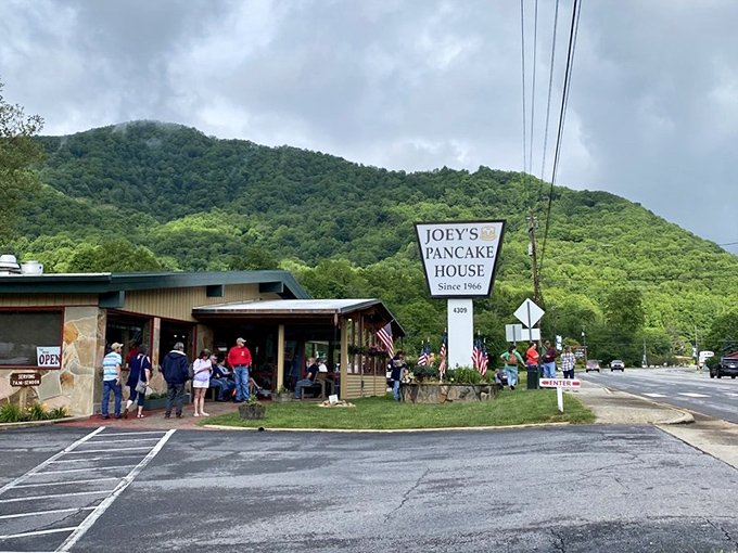 The iconic sign beckons hungry travelers like a breakfast lighthouse on the mountain horizon. Joey's has been calling pancake pilgrims to Maggie Valley since 1966.