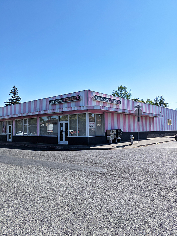 The pink-and-white striped exterior of Butter Cream Bakery & Diner stands out like a dessert mirage in Napa. It's not just a building&mdash;it's a promise of deliciousness to come.