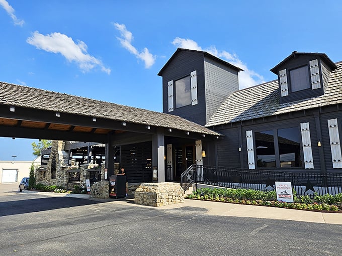 The rustic-meets-refined exterior of Ranch Steakhouse stands as Oklahoma City's temple to exceptional beef, promising carnivorous delights within those welcoming walls.