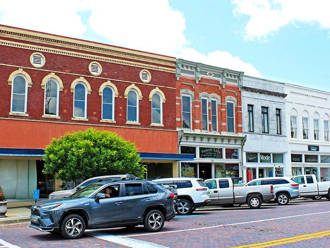 Thomasville's historic downtown facades stand like colorful sentinels of bygone eras, where modern cars park alongside timeless architecture. 