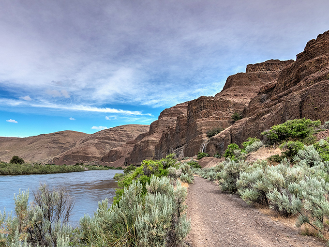 The John Day River mirrors the rugged canyon walls like nature's own infinity pool, creating a moment of perfect symmetry in Oregon's high desert wilderness. 