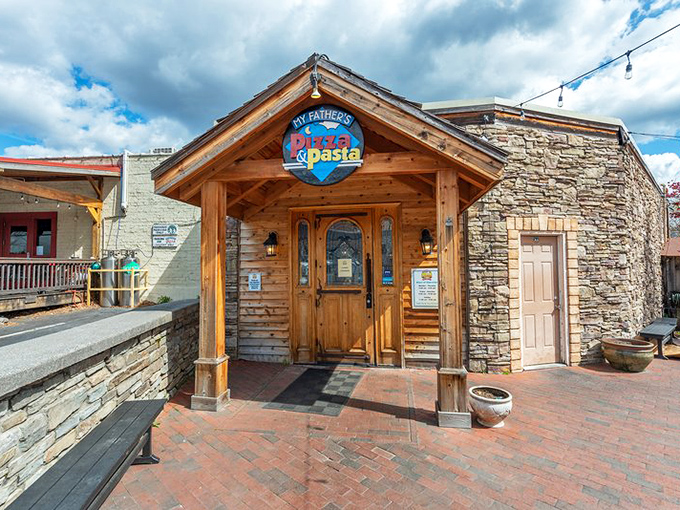 The stone facade of My Father's Pizza welcomes visitors like a mountain cabin that happens to serve world-class pizza. Rustic charm meets culinary excellence. 