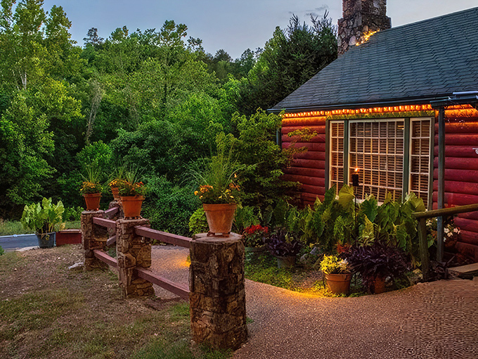 The red log cabin exterior with lush tropical plants says "frontier meets fine dining" before you even step inside. 