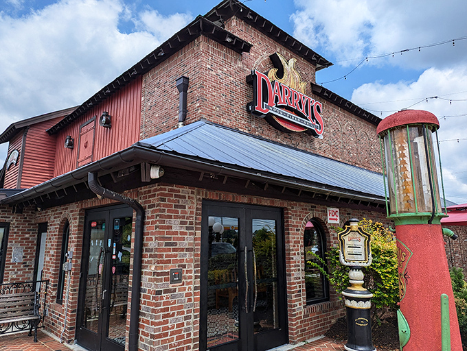The brick exterior of Darryl's stands like a culinary fortress, complete with its distinctive water tower&mdash;architectural proof that good taste extends beyond the menu.