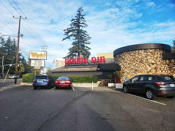 The stone facade and bold red signage of Clyde's stands as Portland's beacon for carnivores, promising old-school delights within those walls. 