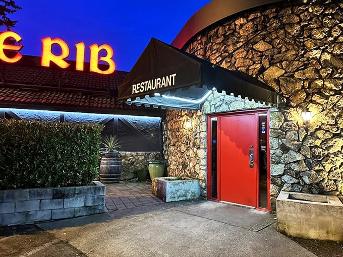 
The stone facade and bold red signage of Clyde's stands as Portland's beacon for carnivores, promising old-school delights within those walls. 