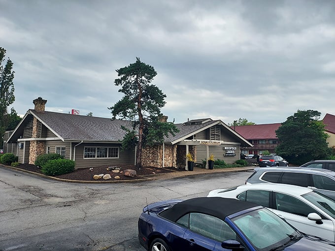 The understated entrance to carnivore paradise. Stone accents and string lights whisper "special occasion" even before you smell the prime rib.