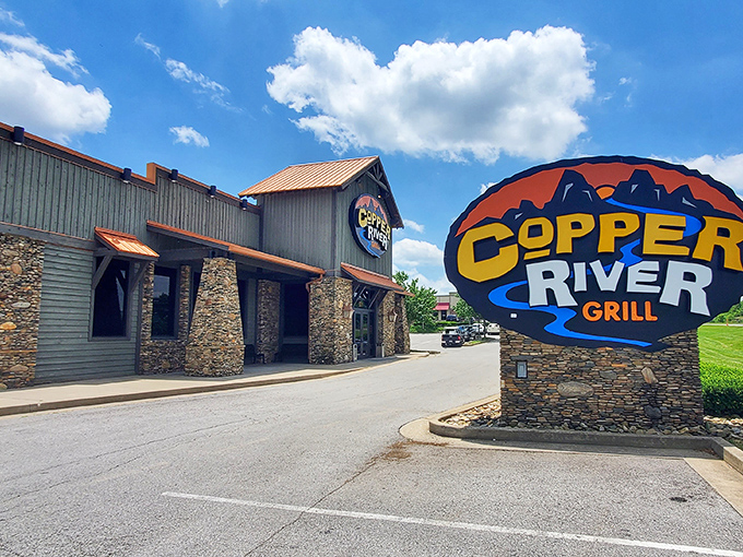 The rustic lodge-inspired exterior of Copper River Grill stands like a culinary beacon in Nicholasville, promising mountain-worthy meals in Kentucky's heartland.
