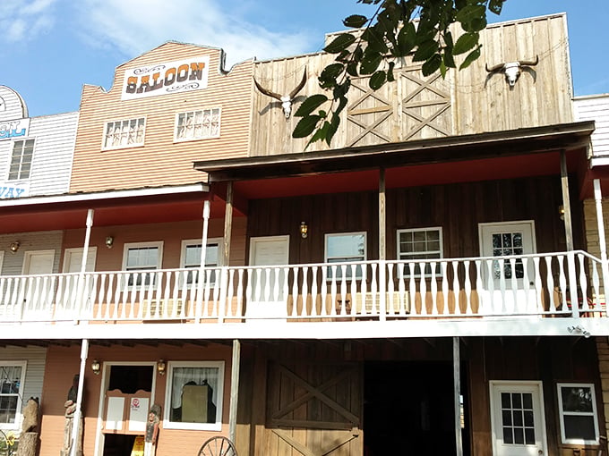 The Old West comes alive at Hedrick's, where longhorn skulls adorn the "Saloon" facade and the balcony beckons like a frontier lookout post.