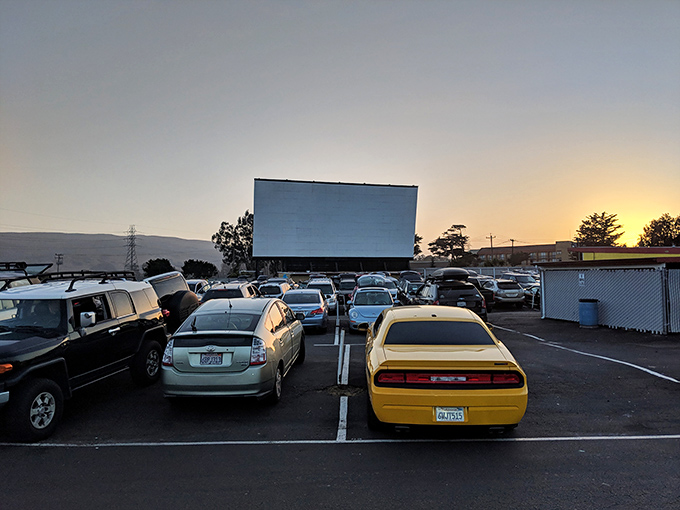 The magic hour at Sunset Drive-In, where cars gather like faithful pilgrims to worship at the altar of cinema under the twilight sky.