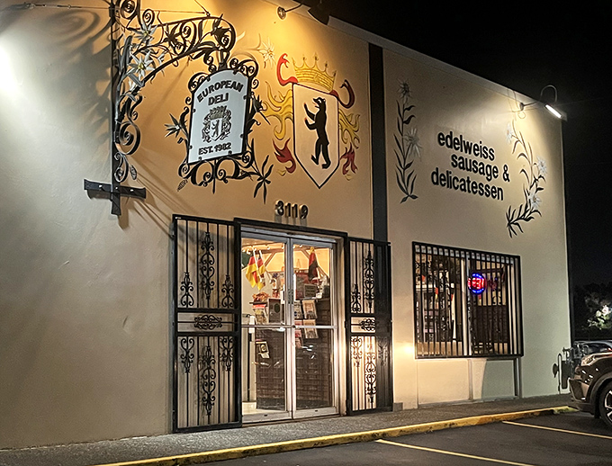 The iconic cream-colored exterior of Edelweiss, with its charming alpine flower logo, stands as Portland's beacon of German culinary tradition. 