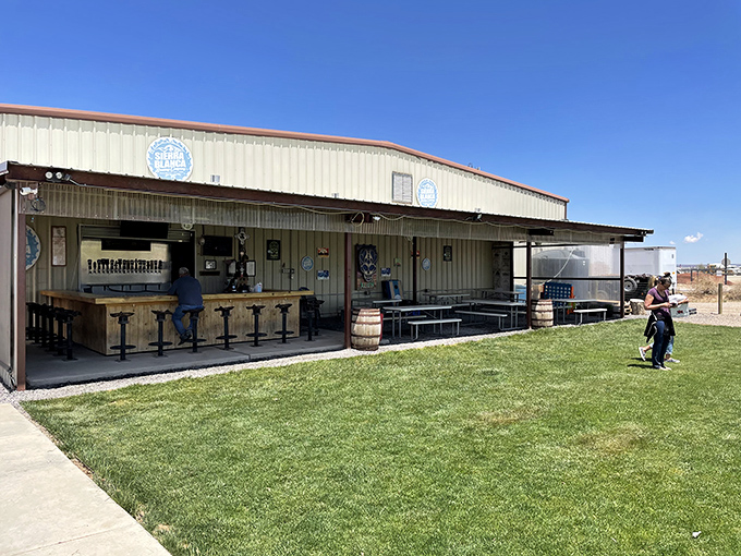 The ultimate "don't judge a book by its cover" moment. This unassuming metal building houses liquid gold under that brilliant New Mexico sky.