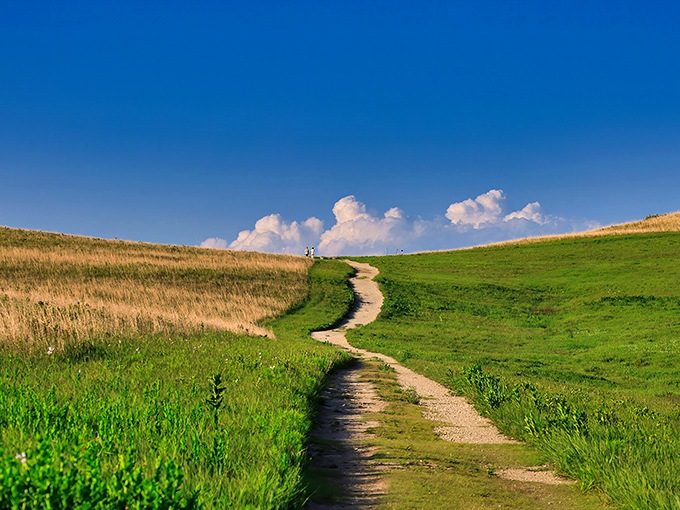 The path less traveled beckons with billowing clouds that look like nature's own cotton candy sculpture. Kansas skies have never been so dramatic.