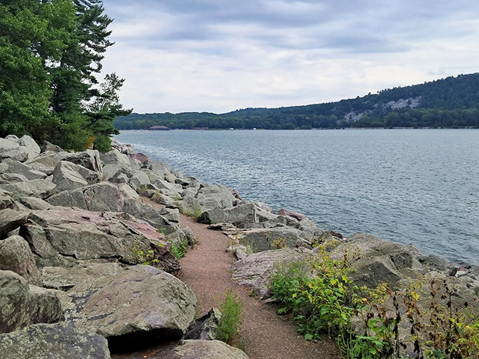 The shoreline tells ancient stories in stone. Devil's Lake's crystal waters meet million-year-old quartzite in nature's perfect handshake.