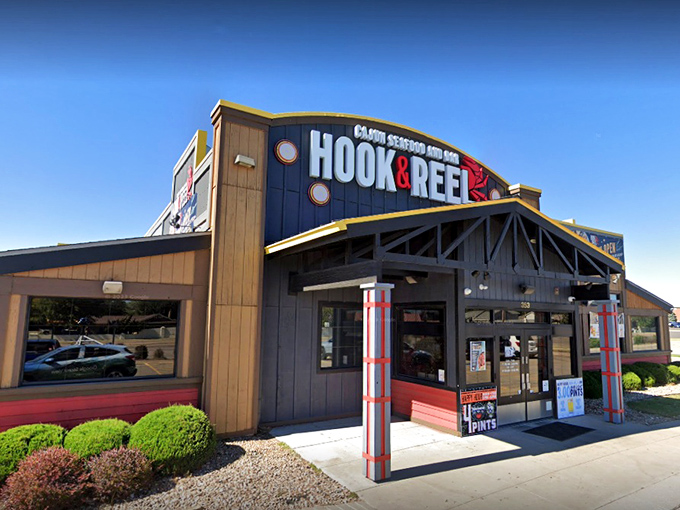 The nautical-themed exterior of Hook & Reel stands like a beacon of seafood hope in landlocked Kansas, promising oceanic treasures within.