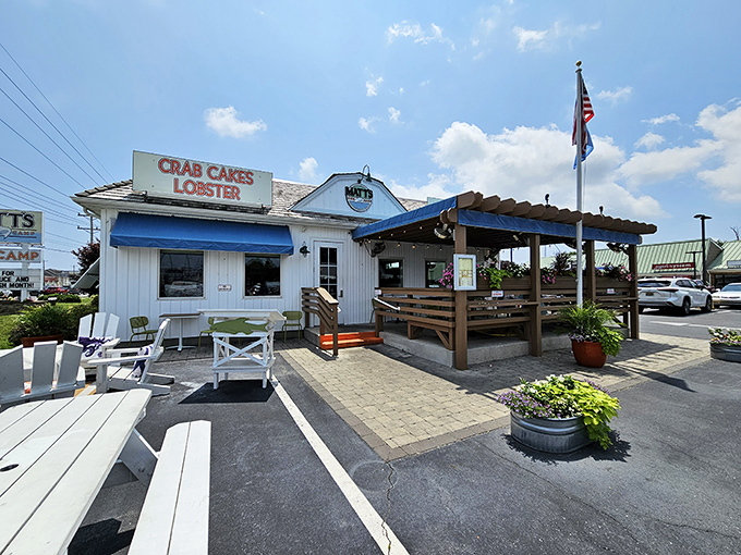 The classic white clapboard exterior with bold signage promising "FRIED CLAMS" and "FRESH FISH" is like a siren song to seafood lovers cruising coastal Delaware.