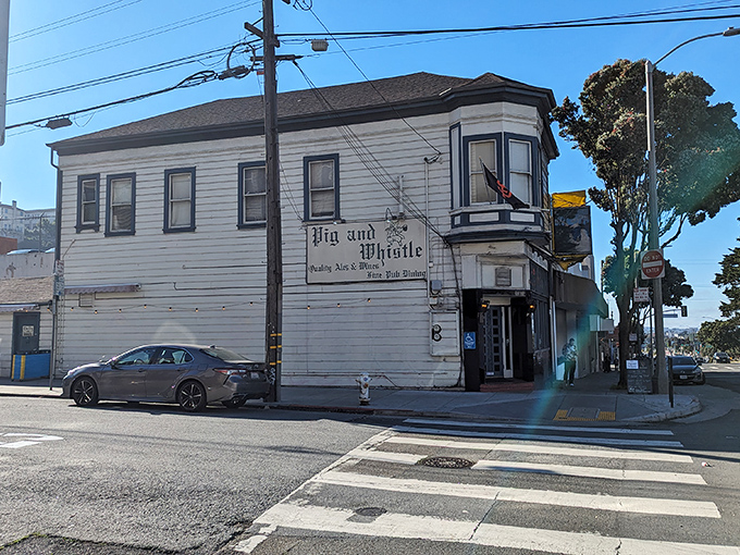 The unassuming exterior of The Pig and Whistle stands like a British embassy on Geary Boulevard, beer logos gleaming like beacons to the thirsty and hungry.