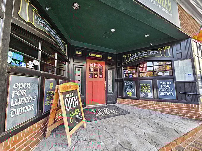 The brick facade of The Auld Shebeen stands proudly on Fairfax's Main Street, American and Irish flags waving in harmony like old friends sharing stories.