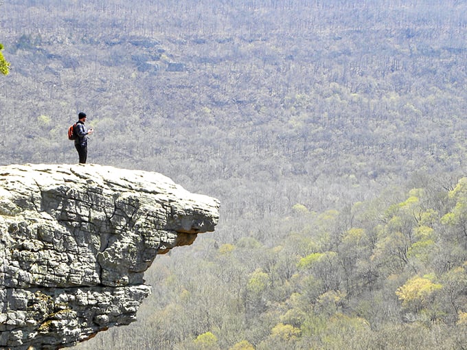 Nature's architectural remnants stand sentinel along the trail, offering glimpses of history amid the towering pines and distant valley views.