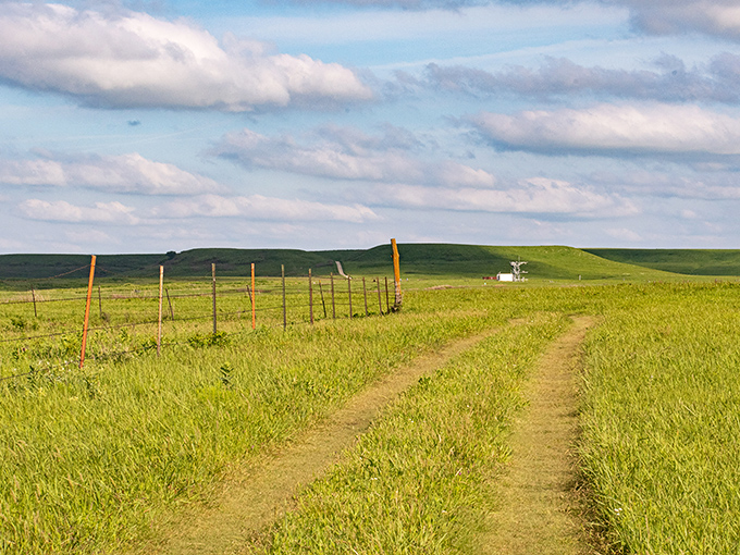 The path less traveled beckons with billowing clouds that look like nature's own cotton candy sculpture. Kansas skies have never been so dramatic.