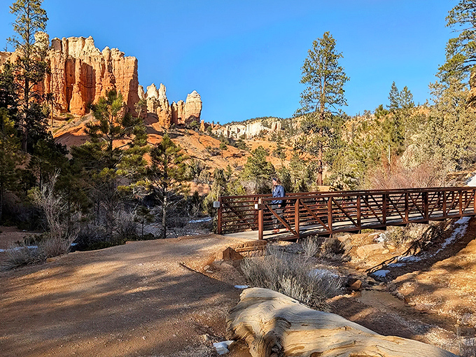 Nature's perfect welcome mat: a rustic wooden bridge leading to towering hoodoos that look like they've been painted by a sunset-obsessed artist.