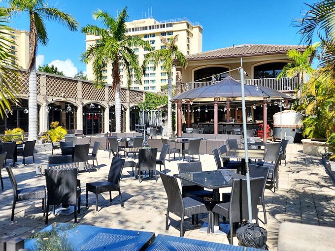Palm trees sway gently over Ember & Oak's inviting patio, where Florida sunshine and culinary excellence meet in perfect harmony.