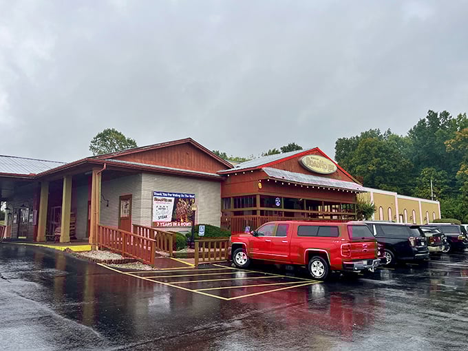 The unassuming exterior of Brown Derby Roadhouse hides a carnivore's paradise within. Like finding a diamond in a parking lot.