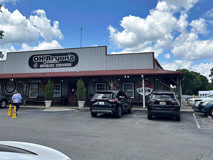 The rustic wooden facade of OH! Bryan's welcomes hungry travelers like an old friend promising good times and better steaks ahead.
