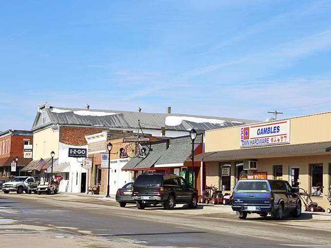 Downtown Kalona's historic storefronts stand as a testament to simpler times, where Gambles Hardware still thrives in an Amazon world.