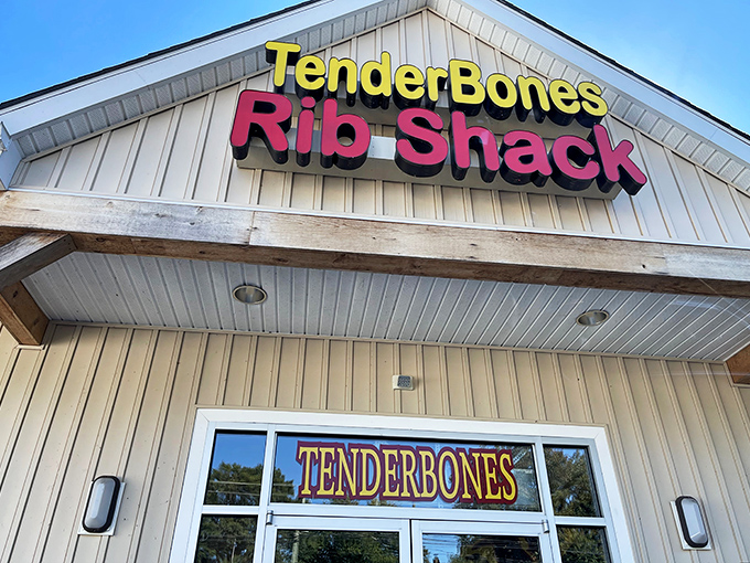The barbecue promised land awaits behind that unassuming tan exterior. TenderBones Rib Shack's bright sign is like a beacon for smoke-seeking pilgrims.