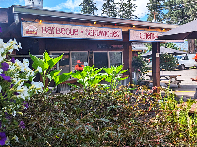 The rustic wooden exterior of Pine Shed Ribs isn't trying to impress anyone&mdash;until you smell what's cooking inside. Barbecue authenticity at its finest.