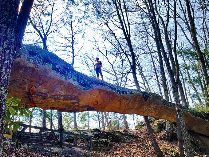 Stone pillars frame nature's masterpiece at Kingdom Come's overlook. The Appalachian Mountains roll away like waves frozen in time, a sight worth every step of the climb.