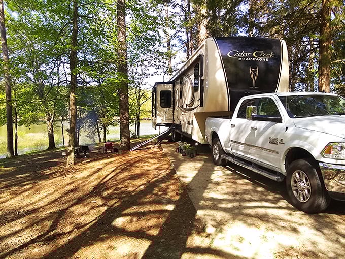 Nature's mirror game at its finest. Tishomingo's lake reflects autumn foliage like a master painter showing off, creating a double dose of Mississippi magic.