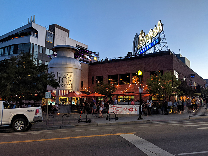 The iconic 28-foot milk can stands proudly against Colorado's blue sky, a beacon of sweetness in Denver's LoHi neighborhood. Ice cream architecture at its finest!