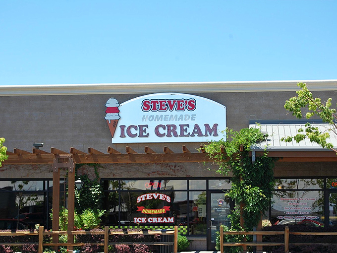Steve's welcoming storefront beckons like an oasis in the Nevada heat, complete with that charming wooden pergola that practically whispers, "Cool treats ahead!"