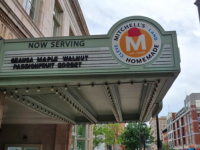 The vintage marquee announces today's flavors like Broadway shows. Cleveland's ice cream theater where every scoop deserves top billing.