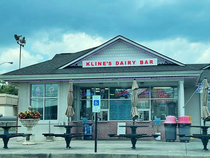 The iconic red lettering of Kline's Dairy Bar beckons like a lighthouse for ice cream pilgrims. Simple, unpretentious, and promising cold comfort on hot Virginia days.