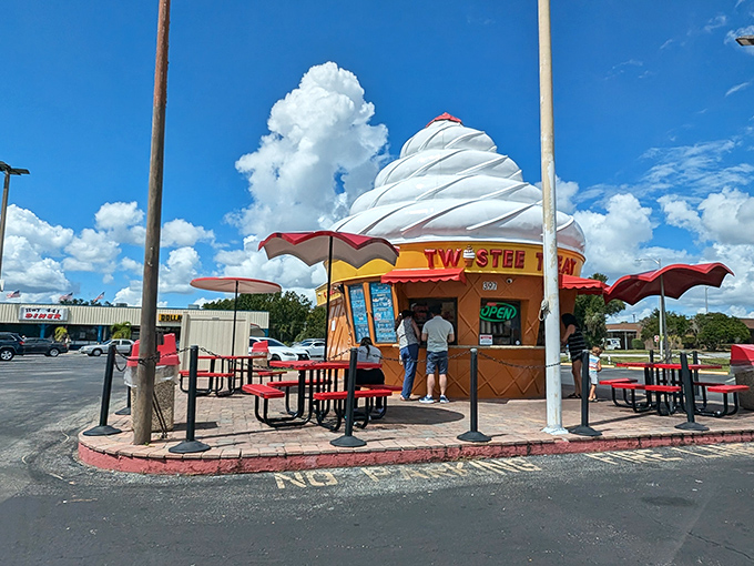 The mothership has landed! Twistee Treat's iconic cone-shaped building stands proudly against the Florida sky, beckoning ice cream lovers from miles around.
