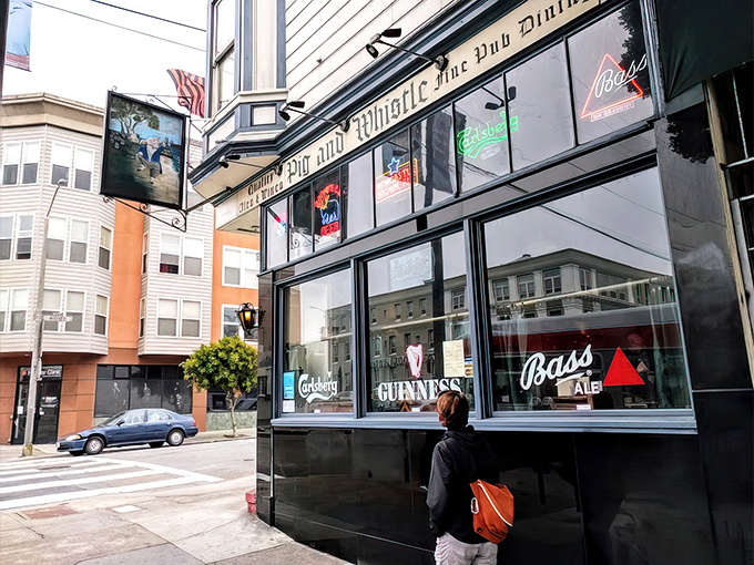 The unassuming exterior of The Pig and Whistle stands like a British embassy on Geary Boulevard, beer logos gleaming like beacons to the thirsty and hungry.