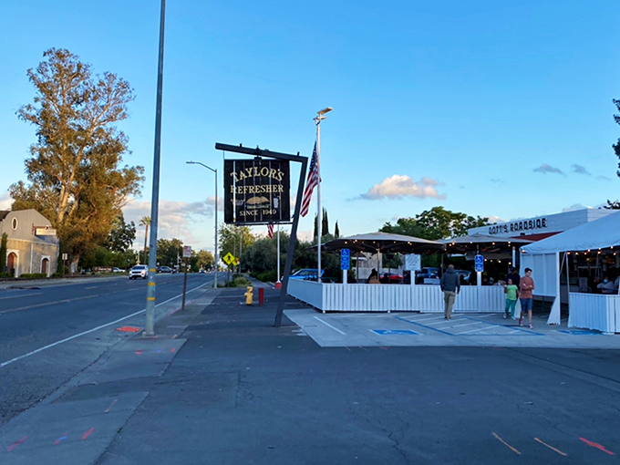The iconic white exterior of Gott's Roadside with its bold "EAT" sign&mdash;a siren call to hungry travelers that brooks no argument.