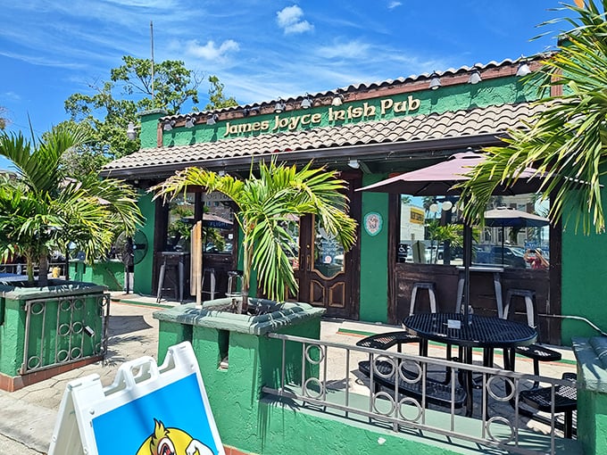 The emerald facade of James Joyce Irish Pub stands out like a Celtic oasis amid Tampa's palm trees. Ireland meets Florida in the most delicious cultural collision.