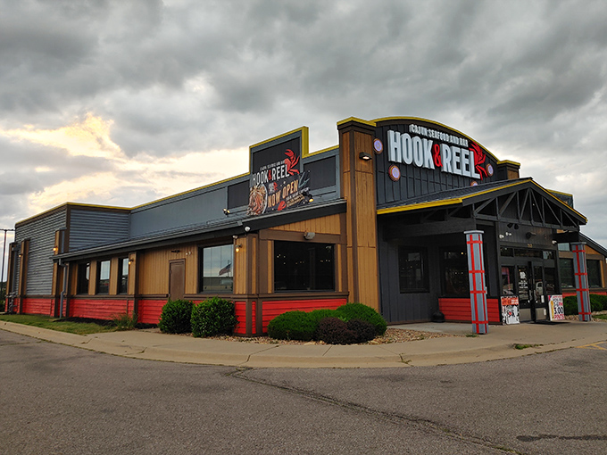 The nautical-themed exterior of Hook & Reel stands like a beacon of seafood hope in landlocked Kansas, promising oceanic treasures within. 