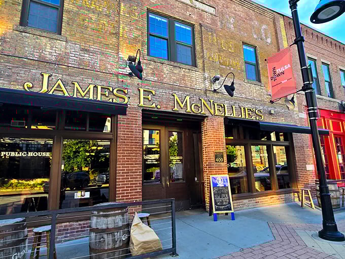 The historic brick facade of James E. McNellie's stands proudly in downtown Tulsa, a beacon for those seeking authentic pub comfort in Oklahoma.