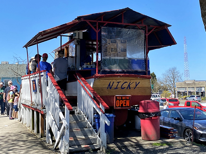 The iconic Bowpicker boat sits proudly on land, a retired fishing vessel now serving up treasures of a different kind. The nautical-to-culinary career change we all secretly admire. 