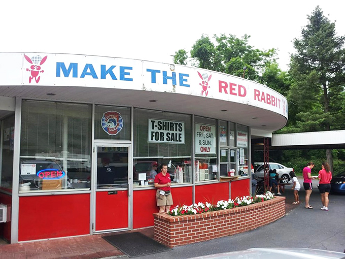 The nostalgic exterior of Red Rabbit Drive-In stands like a time capsule against Pennsylvania skies, complete with vintage kiddie rides that transport you straight back to simpler times. 